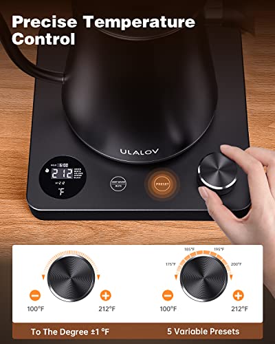 Ulalov Gooseneck Electric Kettle 1.0L with Temperature Control,Ultra Fast Boiling Hot Water Kettle for Pour-Over Coffee/Tea,100% Stainless Steel, 5 Variable Presets, 12H Keep Warm,Leak-Proof, 1200W