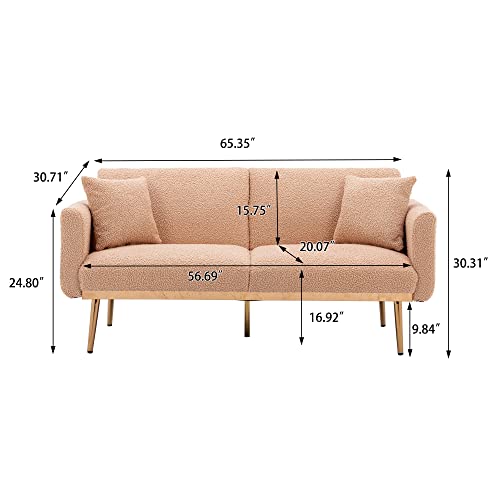 Eafurn Sherpa Teddy Futon Sofa Bed, Modern Boucle Upholstered Comfy Loveseat Couch Sleeper Sofabed with Golden Metal Legs and Throw Pillows, Small Folding Sofa&Couch for Home Office, Camel 65.35"