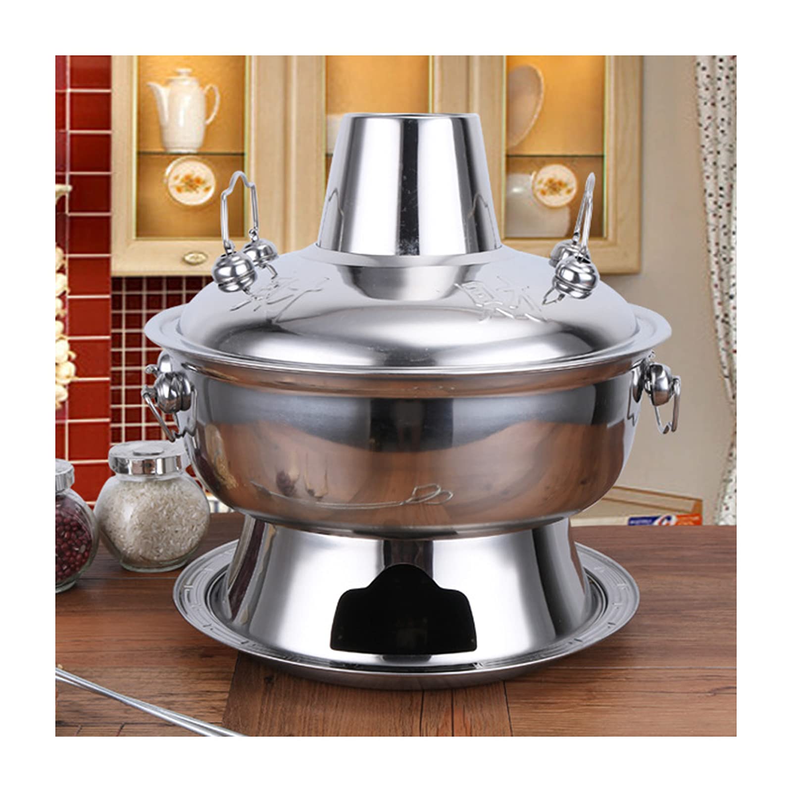 304 Stainless Steel Copper Hot Pot,Old Beijing Charcoal fire Boiler Outdoor Cooker Picnic Cooker Multi-Person Hot Pot,Silver,32cm