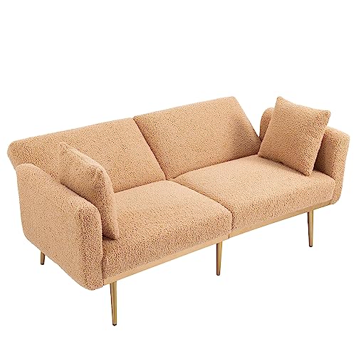Eafurn Sherpa Teddy Futon Sofa Bed, Modern Boucle Upholstered Comfy Loveseat Couch Sleeper Sofabed with Golden Metal Legs and Throw Pillows, Small Folding Sofa&Couch for Home Office, Camel 65.35"