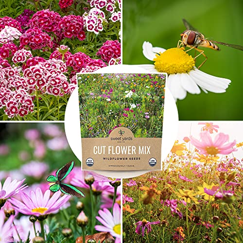 Sweet Yards Seed Co. Cut Flower Garden Seeds - Extra Large 1 Ounce Packet - Over 7,500 Fresh Open Pollinated Non-GMO Wildflower Seeds - Long Lasting Annuals and Perennials with Bright Colors