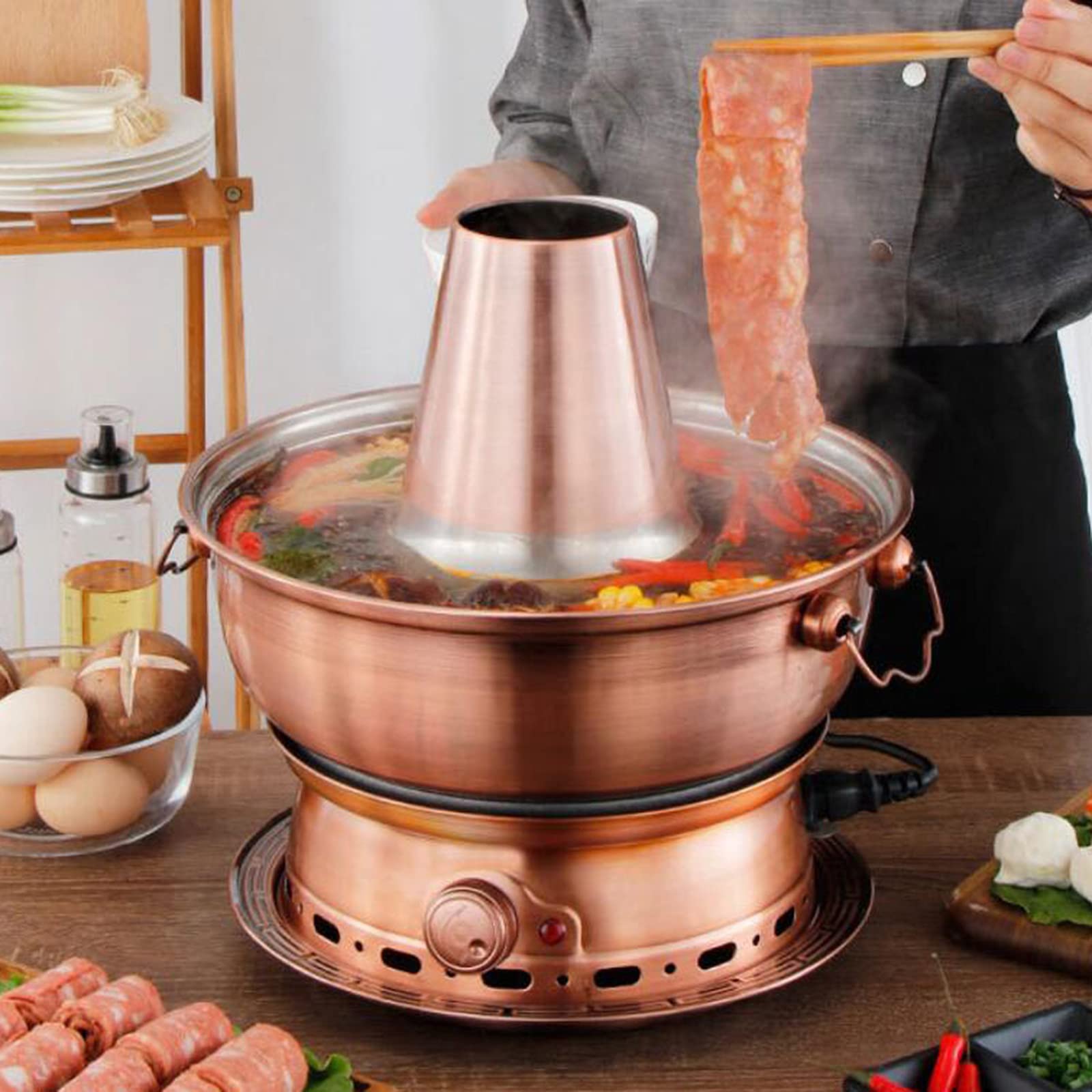 304 Stainless Steel Copper Hot Pot,Old Beijing Charcoal fire Boiler Outdoor Cooker Picnic Cooker Multi-Person Hot Pot,Silver,32cm