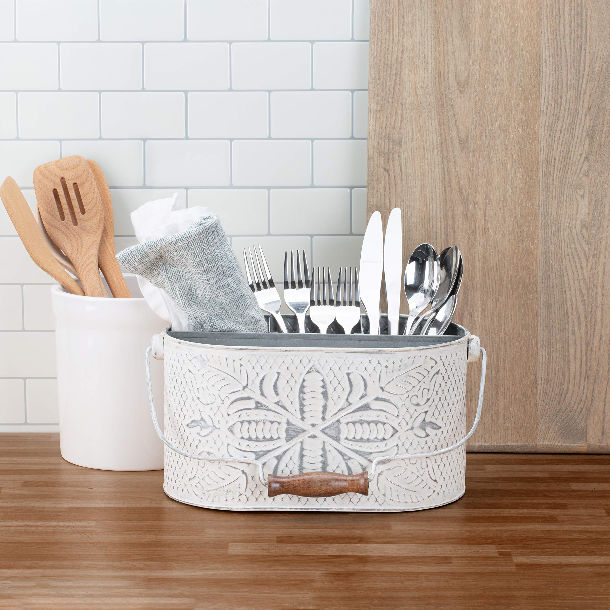 Craftsman Road Distressed White Metal Caddy β Farmhouse Galvanized Kitchen Organizer with Handle β Vintage Rustic Multi-Compartment Holder for Napkins, Plates, Cutlery, Flatware, Cleaning Supplies