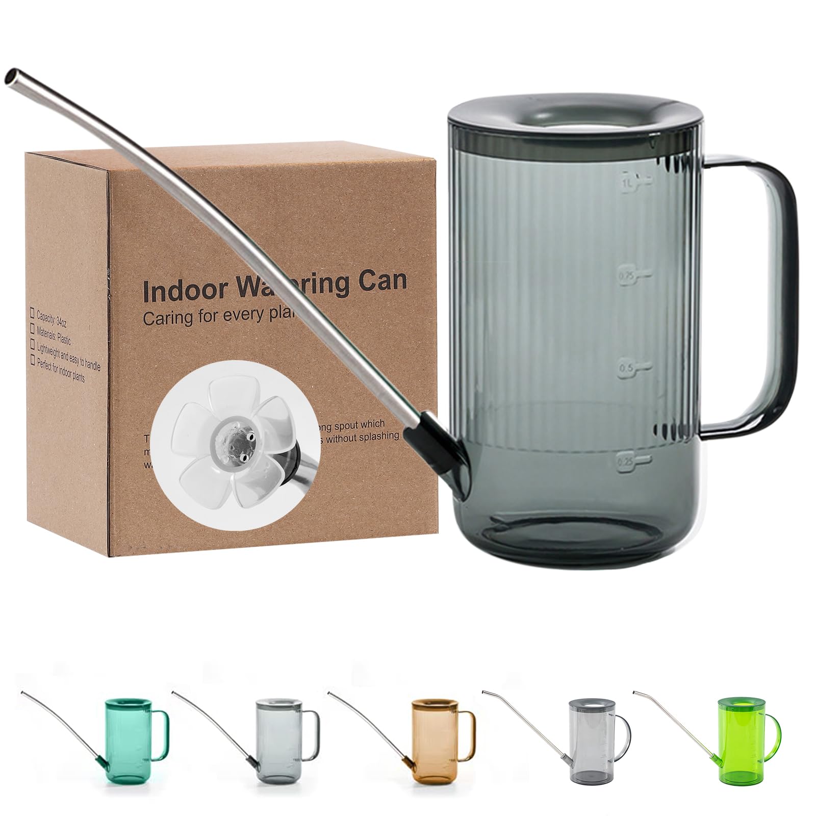 Long Spout Watering Can Indoor, Small Watering Cans for House Plants, Flowers, Succulents, 34oz (Grey)