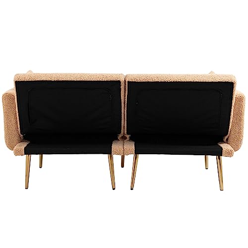 Eafurn Sherpa Teddy Futon Sofa Bed, Modern Boucle Upholstered Comfy Loveseat Couch Sleeper Sofabed with Golden Metal Legs and Throw Pillows, Small Folding Sofa&Couch for Home Office, Camel 65.35"
