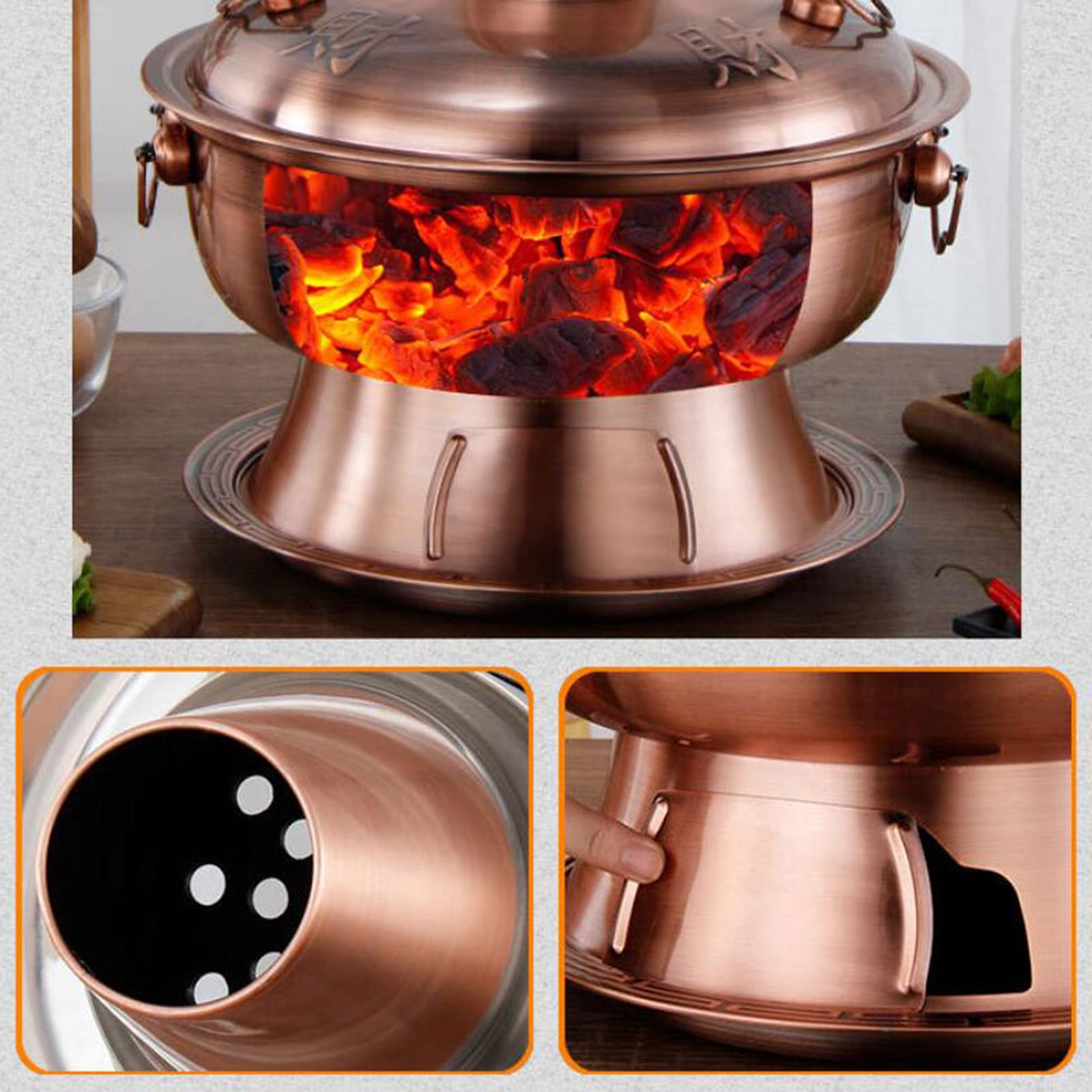 304 Stainless Steel Copper Hot Pot,Old Beijing Charcoal fire Boiler Outdoor Cooker Picnic Cooker Multi-Person Hot Pot,Silver,32cm