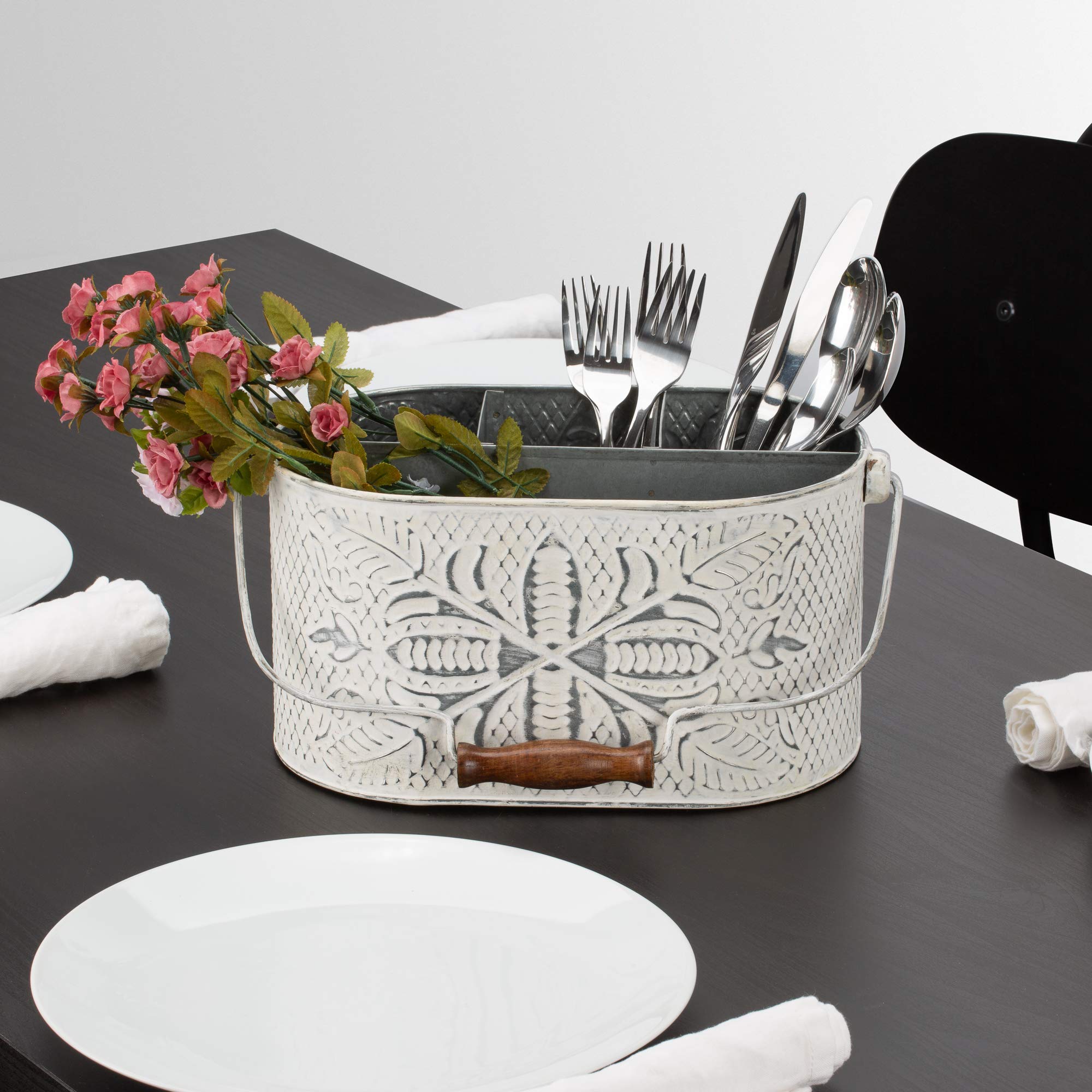 Craftsman Road Distressed White Metal Caddy β Farmhouse Galvanized Kitchen Organizer with Handle β Vintage Rustic Multi-Compartment Holder for Napkins, Plates, Cutlery, Flatware, Cleaning Supplies