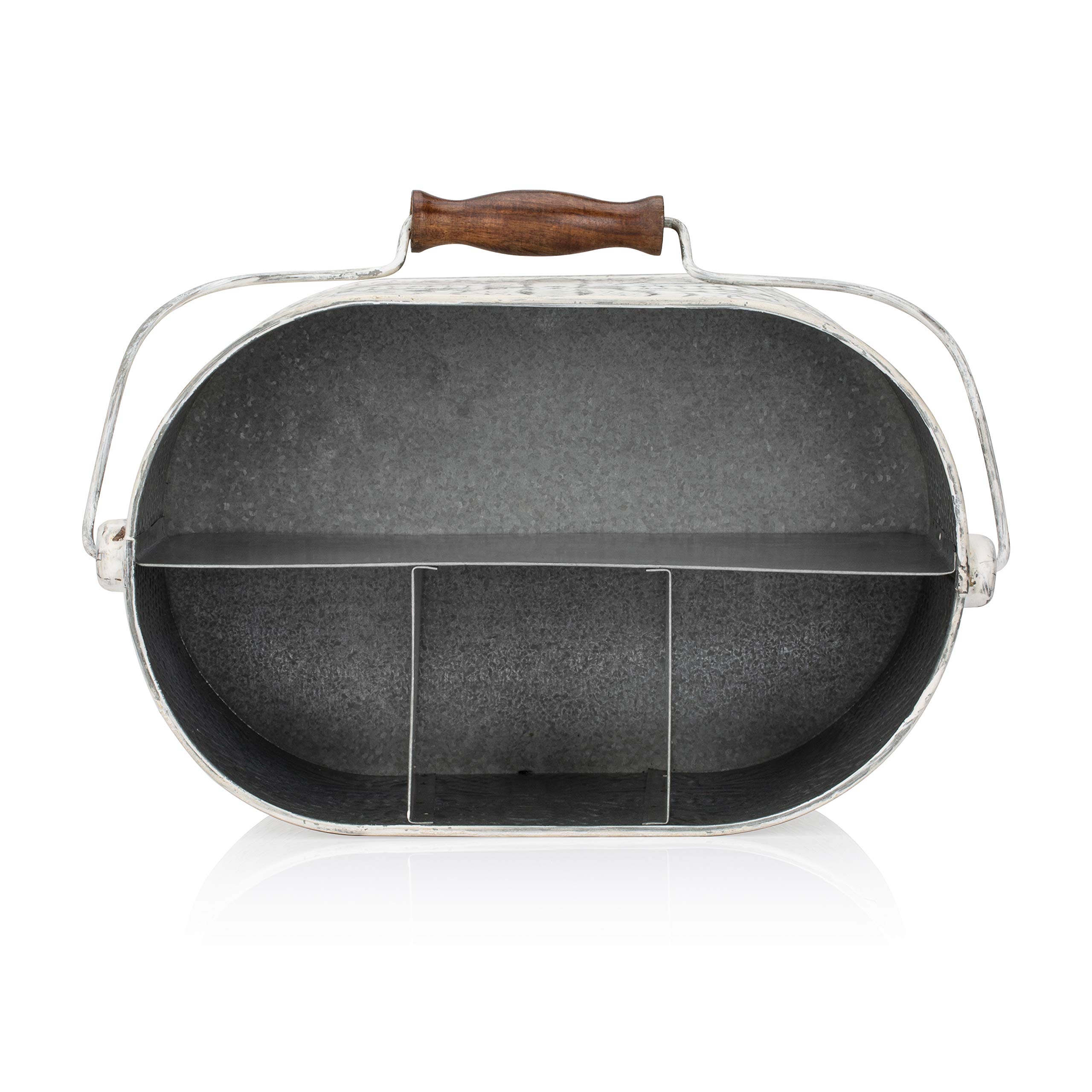 Craftsman Road Distressed White Metal Caddy β Farmhouse Galvanized Kitchen Organizer with Handle β Vintage Rustic Multi-Compartment Holder for Napkins, Plates, Cutlery, Flatware, Cleaning Supplies
