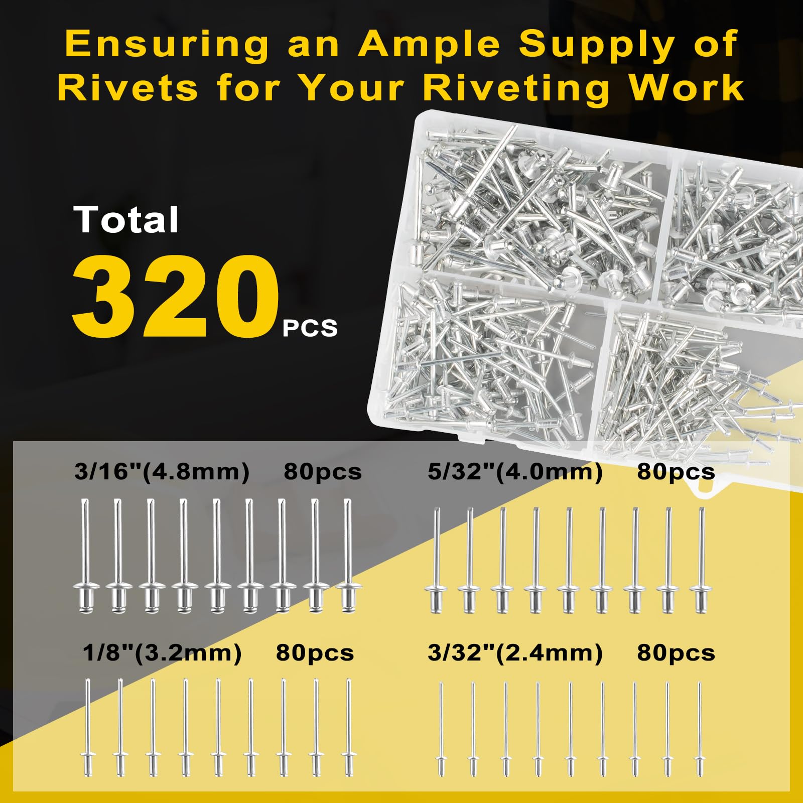 TOLRET Rivet Gun, Pop Rivet Gun Kit with 320 Pcs Rivets, Manual Rivet Tool with 4 Manual Interchangeable Nosepieces, Heavy Duty Hand Riveter for Metal, Wood, Plastic,TR-205