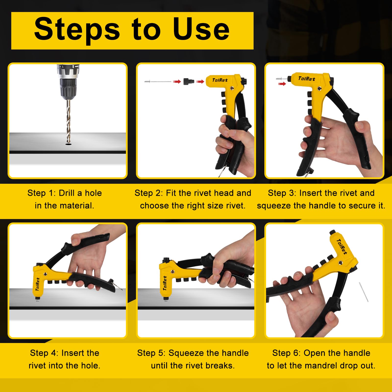 TOLRET Rivet Gun, Pop Rivet Gun Kit with 320 Pcs Rivets, Manual Rivet Tool with 4 Manual Interchangeable Nosepieces, Heavy Duty Hand Riveter for Metal, Wood, Plastic,TR-205