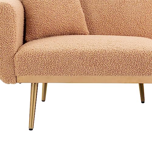 Eafurn Sherpa Teddy Futon Sofa Bed, Modern Boucle Upholstered Comfy Loveseat Couch Sleeper Sofabed with Golden Metal Legs and Throw Pillows, Small Folding Sofa&Couch for Home Office, Camel 65.35"