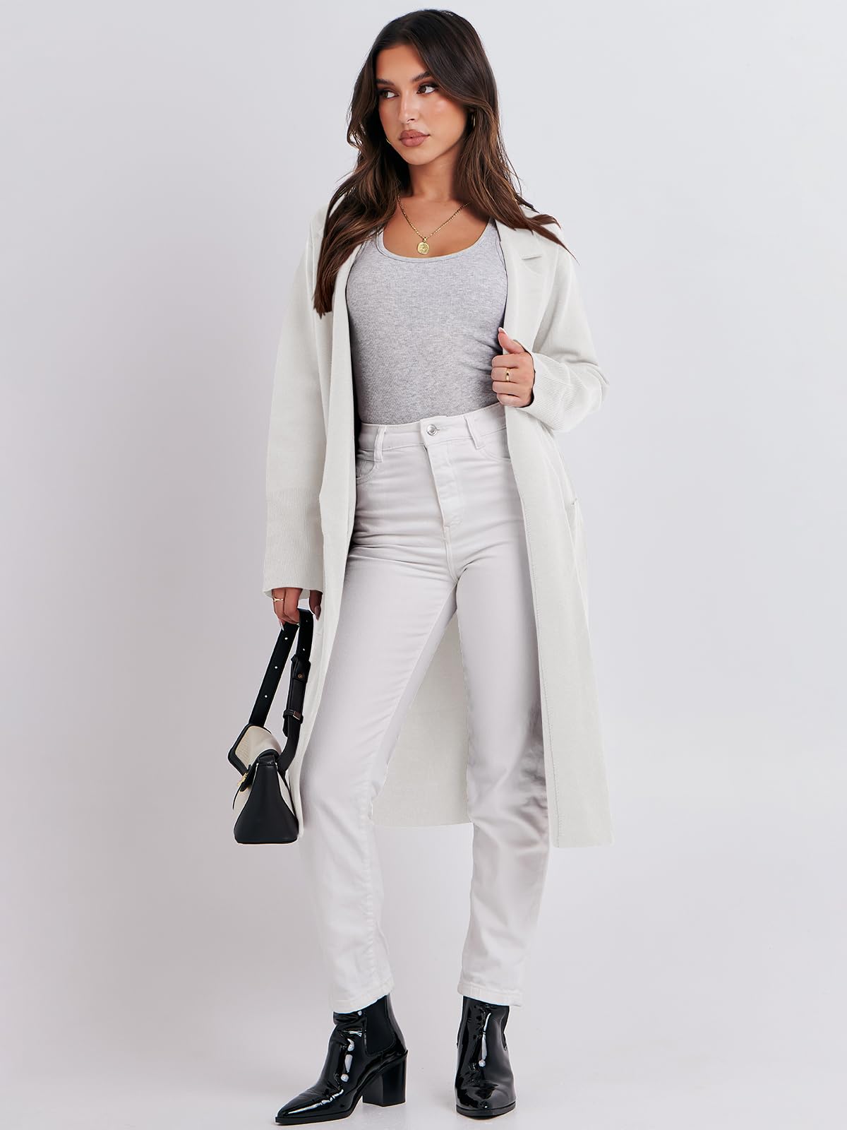 ANRABESS Women Cardigan Sweater Jackets Open Front Thick Knit Oversized Blazer Coatigan 2025 Fall Winter Long Coats Outwear White Small