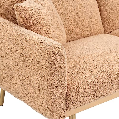 Eafurn Sherpa Teddy Futon Sofa Bed, Modern Boucle Upholstered Comfy Loveseat Couch Sleeper Sofabed with Golden Metal Legs and Throw Pillows, Small Folding Sofa&Couch for Home Office, Camel 65.35"