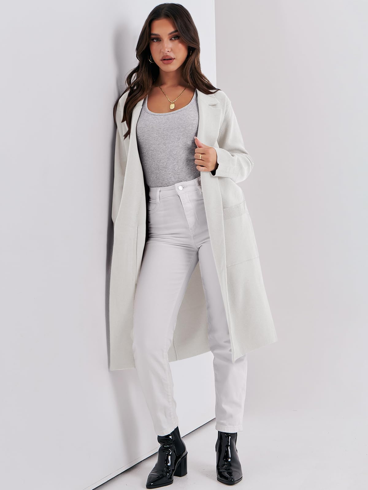 ANRABESS Women Cardigan Sweater Jackets Open Front Thick Knit Oversized Blazer Coatigan 2025 Fall Winter Long Coats Outwear White Small