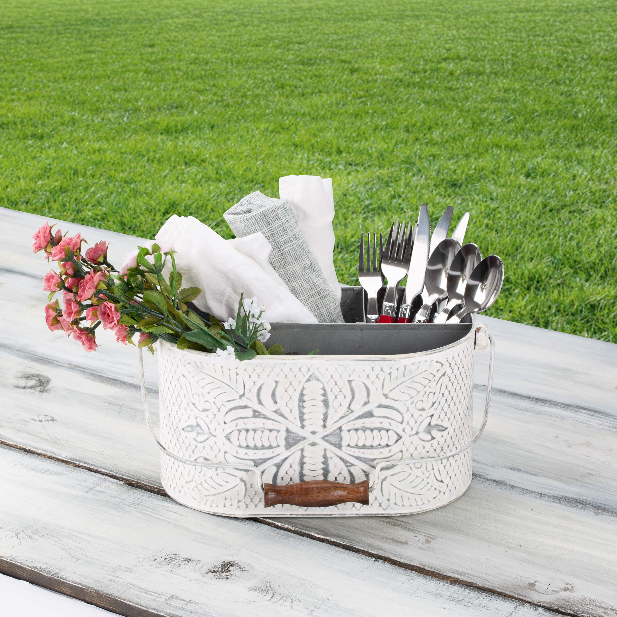 Craftsman Road Distressed White Metal Caddy β Farmhouse Galvanized Kitchen Organizer with Handle β Vintage Rustic Multi-Compartment Holder for Napkins, Plates, Cutlery, Flatware, Cleaning Supplies