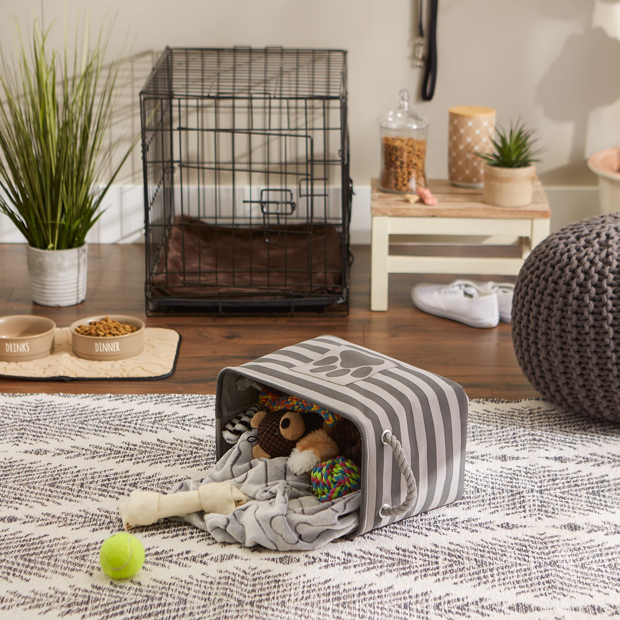 Bone Dry Pet Storage Collection Striped Paw Patch Bin, Small Rectangle, Gray