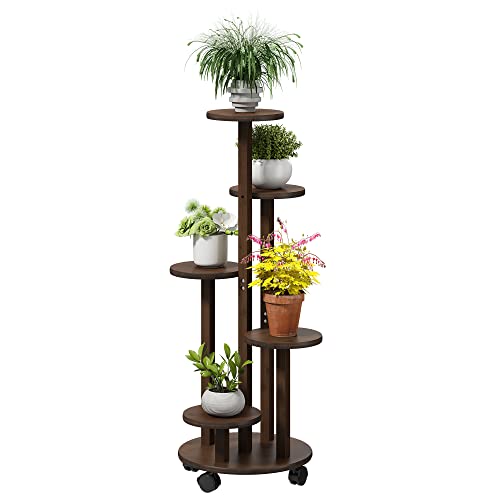 FILWH 5 Tier Plant Stand For Outdoor Indoor Tall Bamboo Movable Flower Stand With Wheels Plant Shelf Pot Holder Plants Corner Display Rack Multiple Planter For Living Room Balcony Garden Patio(Brown)