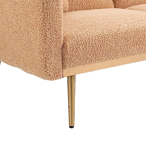 Eafurn Sherpa Teddy Futon Sofa Bed, Modern Boucle Upholstered Comfy Loveseat Couch Sleeper Sofabed with Golden Metal Legs and Throw Pillows, Small Folding Sofa&Couch for Home Office, Camel 65.35"