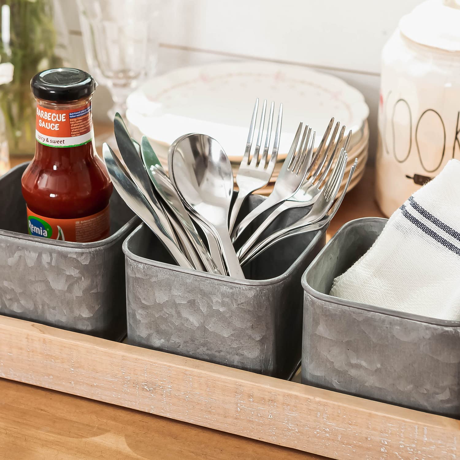 NIKKY HOME Farmhouse 3 Compartment Galvanized Flatware Cutlery Caddy Kitchen Countertop Silverware Holder for Spoons, Knives, Forks - Silver