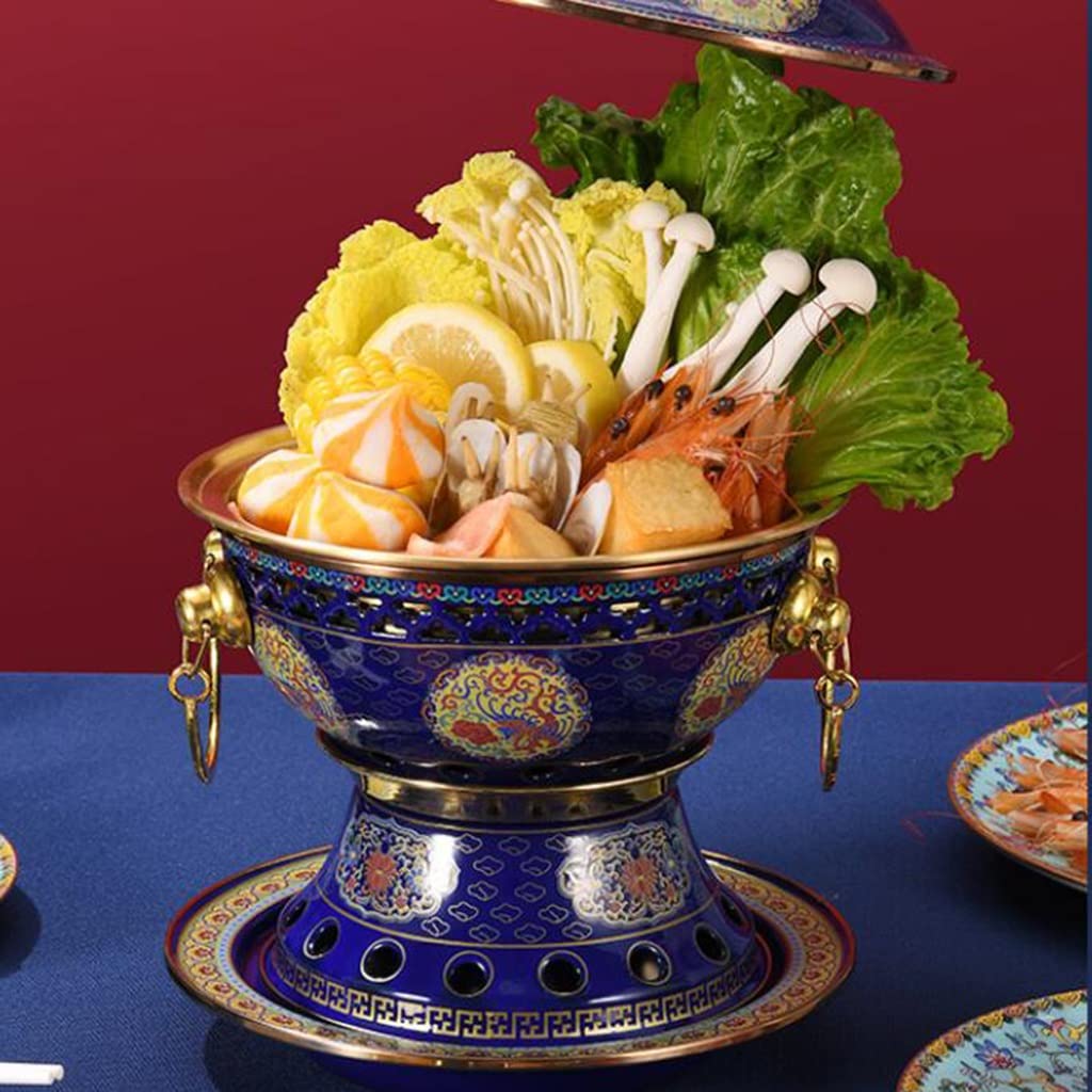 Chafing Dishes Single Person Small Hot Pot Cloisonne Copper Hot Pot, Commercial Household Cooking Pot, Anti Scalding Handle (Color : blue, Size : 20.5 * 25cm)