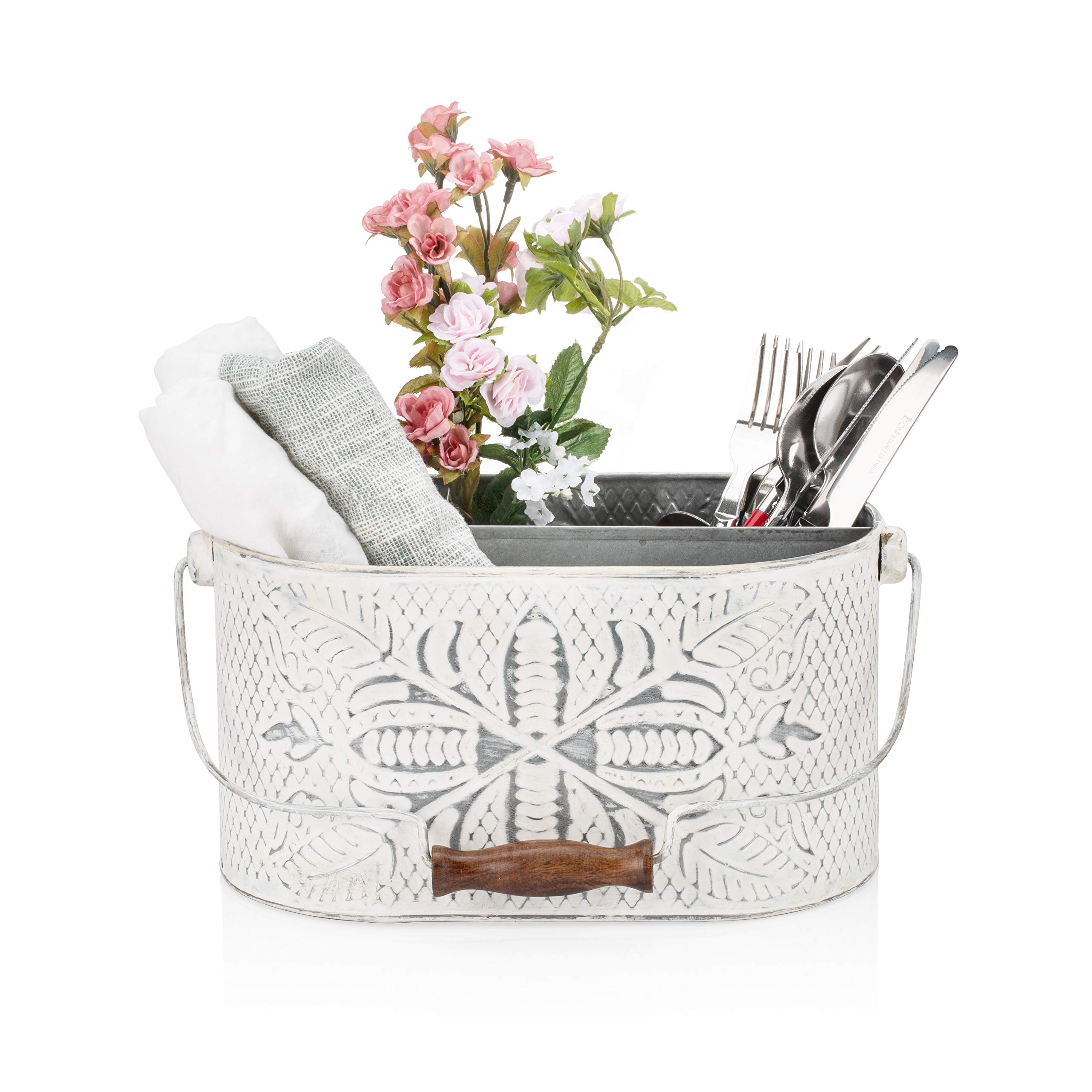 Craftsman Road Distressed White Metal Caddy β Farmhouse Galvanized Kitchen Organizer with Handle β Vintage Rustic Multi-Compartment Holder for Napkins, Plates, Cutlery, Flatware, Cleaning Supplies