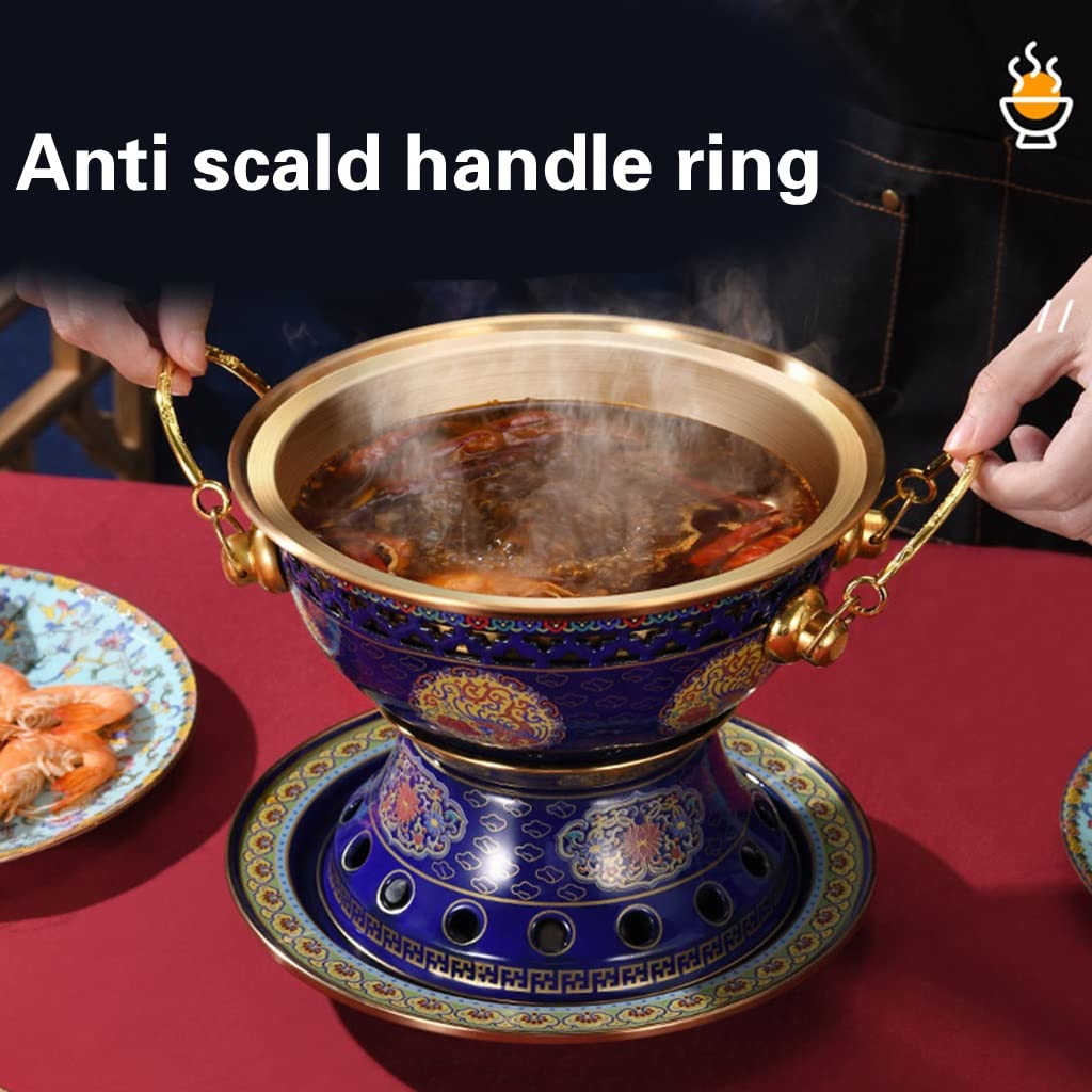 Chafing Dishes Single Person Small Hot Pot Cloisonne Copper Hot Pot, Commercial Household Cooking Pot, Anti Scalding Handle (Color : blue, Size : 20.5 * 25cm)
