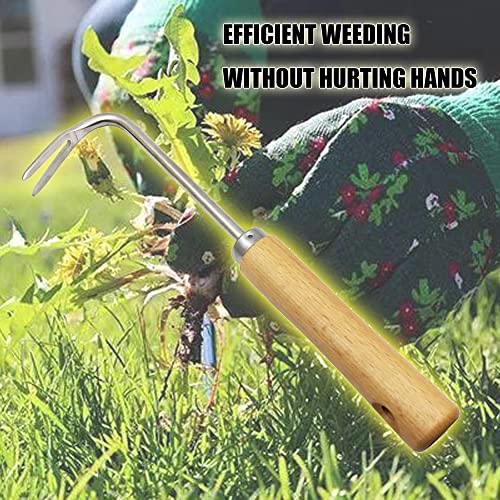 GETYIYI Weed Puller with V-Shape Weeder Weeding Tools for Garden Weed Removal Tool with Solid Wood Handle(Double Hook)