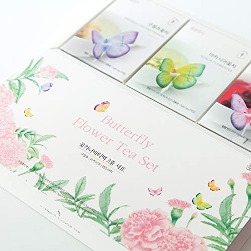 KKOKDAM Fancy Korean Tea Set Sampler – 3 Flavor Pink Variety Pack with Butterfly Tea Bags – Perfect and Elegant Korean Gift Box