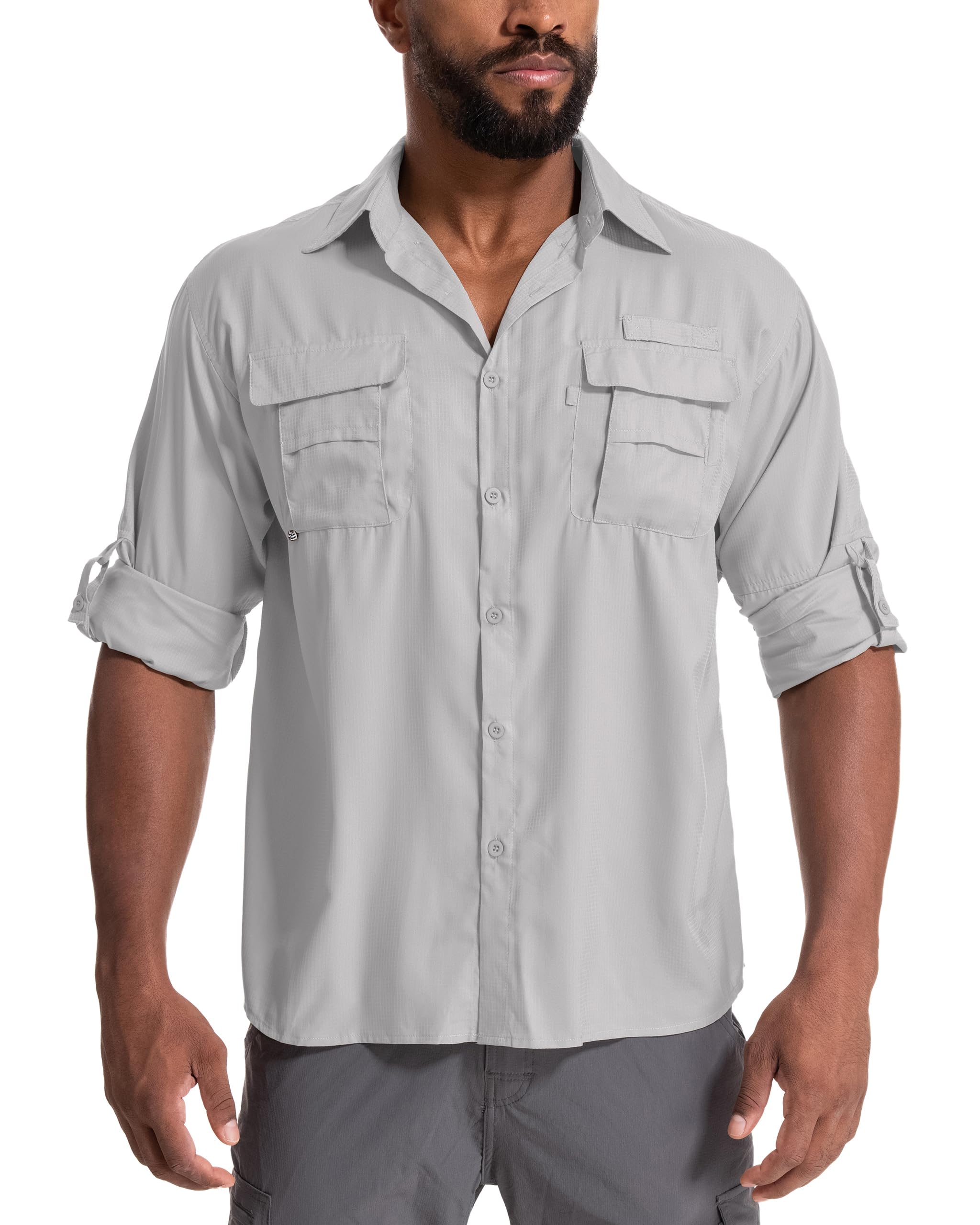 Men’s Long Sleeve Shirts UV UPF 50 Sun Protection Hiking Fishing Safari Shirt Quick Dry Cool Utility Blouse (5052 Light Grey M)