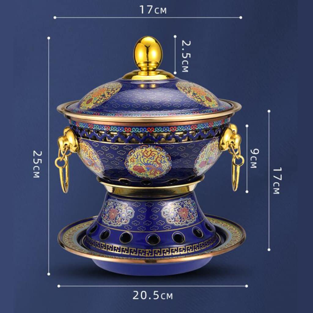 Chafing Dishes Single Person Small Hot Pot Cloisonne Copper Hot Pot, Commercial Household Cooking Pot, Anti Scalding Handle (Color : blue, Size : 20.5 * 25cm)