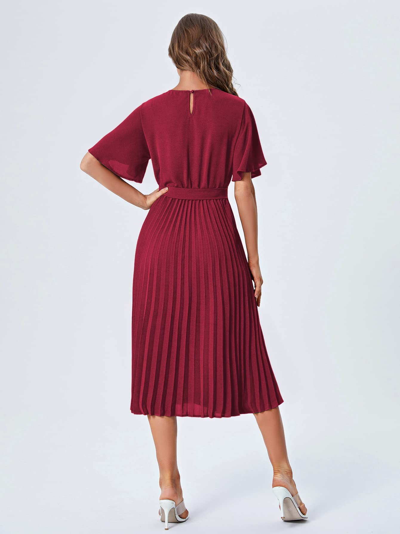 Milumia Women's Elegant Belted Pleated Flounce Sleeve Long Dress Burgundy Large