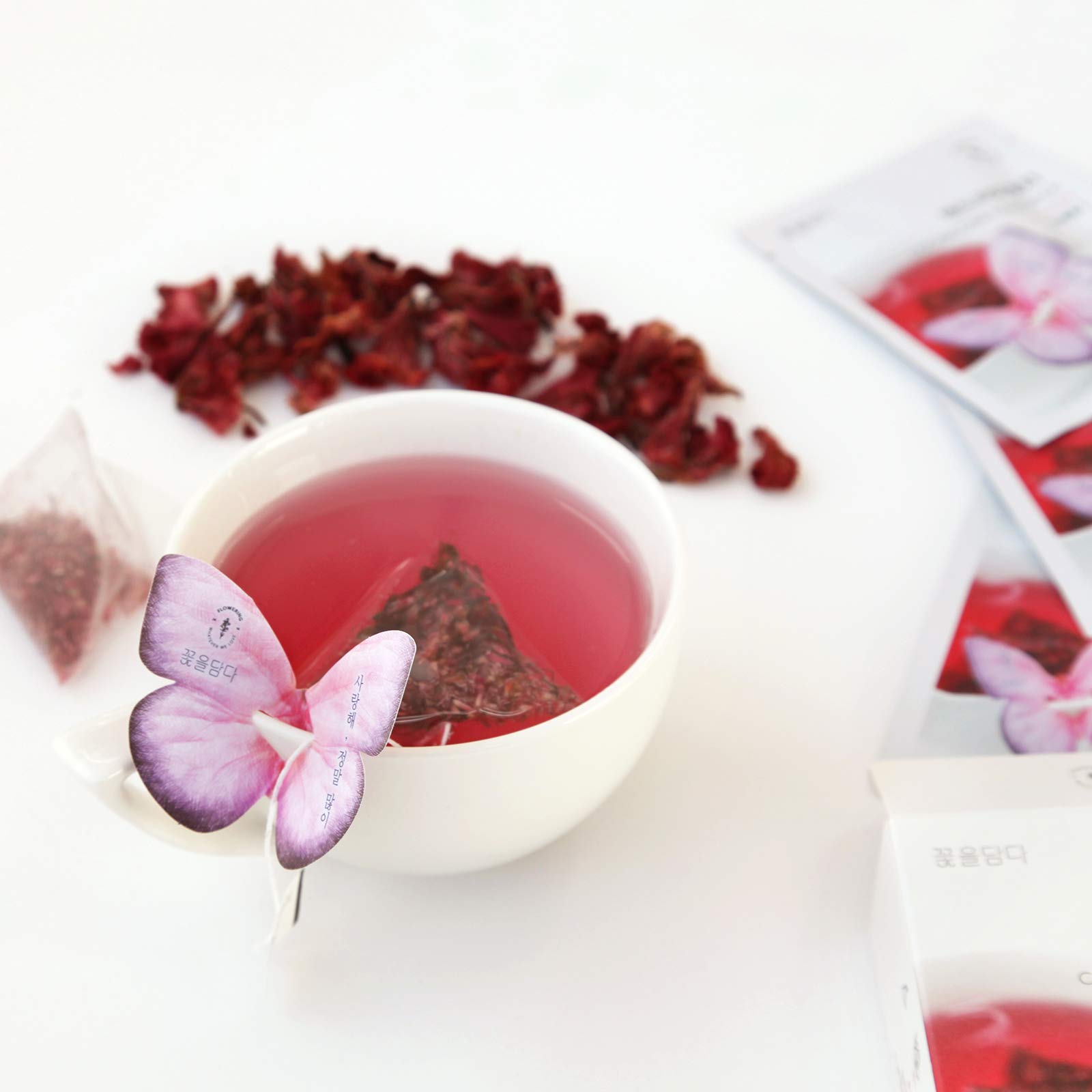 KKOKDAM Fancy Korean Tea Set Sampler – 3 Flavor Pink Variety Pack with Butterfly Tea Bags – Perfect and Elegant Korean Gift Box