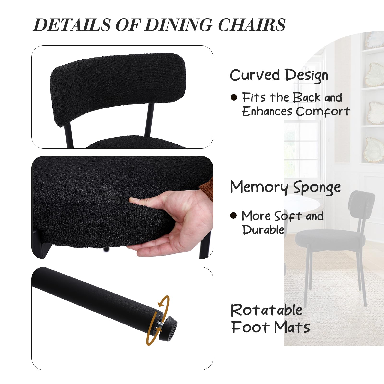 Black Boucle Dining Chairs Set of 4, Mid-Century Modern Sherpa Dining Chairs, Upholstered Kitchen Dining Room Chairs with Curved Backrest Black Metal Legs for Living Room/Kitchen