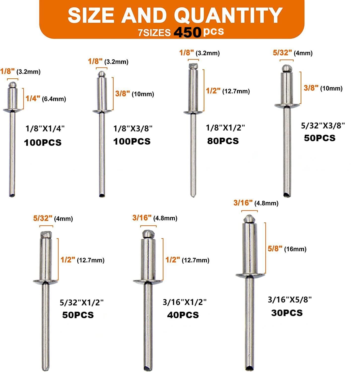 450pcs Stainless Steel Blind Pop Rivets, Stainless Steel Blind Rivets, 1/8" 5/32" 3/16",7Sizes Pop Rivets Assortment Kit(Silver)