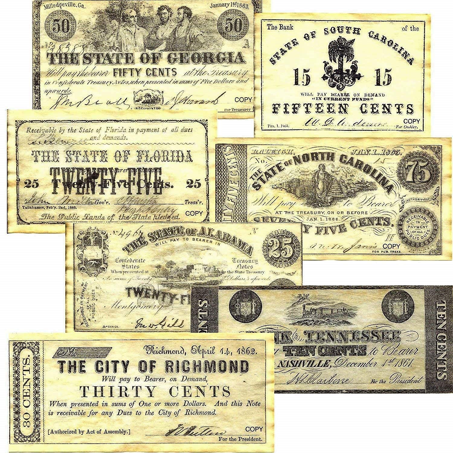 Historical Documents Confederate Currency Set: 25 Replica Notes (Set A, B, C, & D) - Civil War Era Currency Replica Set - Adults - Small - Unisex - Paper - No Assembly Required