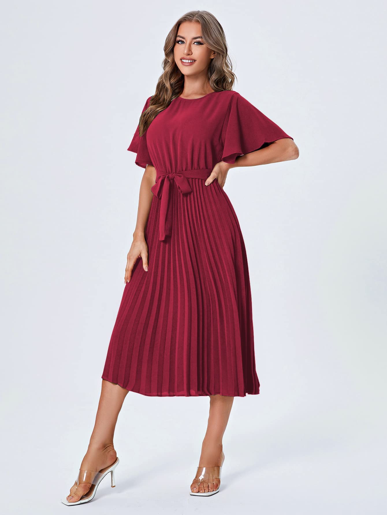 Milumia Women's Elegant Belted Pleated Flounce Sleeve Long Dress Burgundy Large