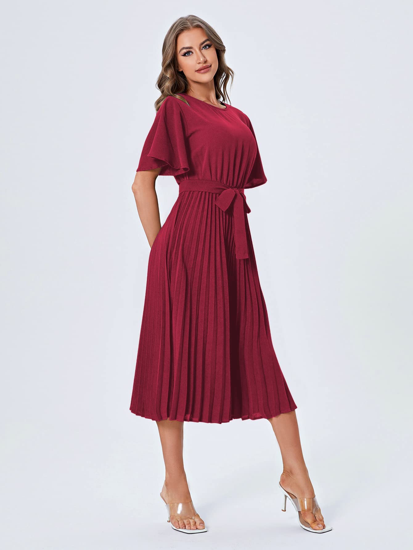 Milumia Women's Elegant Belted Pleated Flounce Sleeve Long Dress Burgundy Large