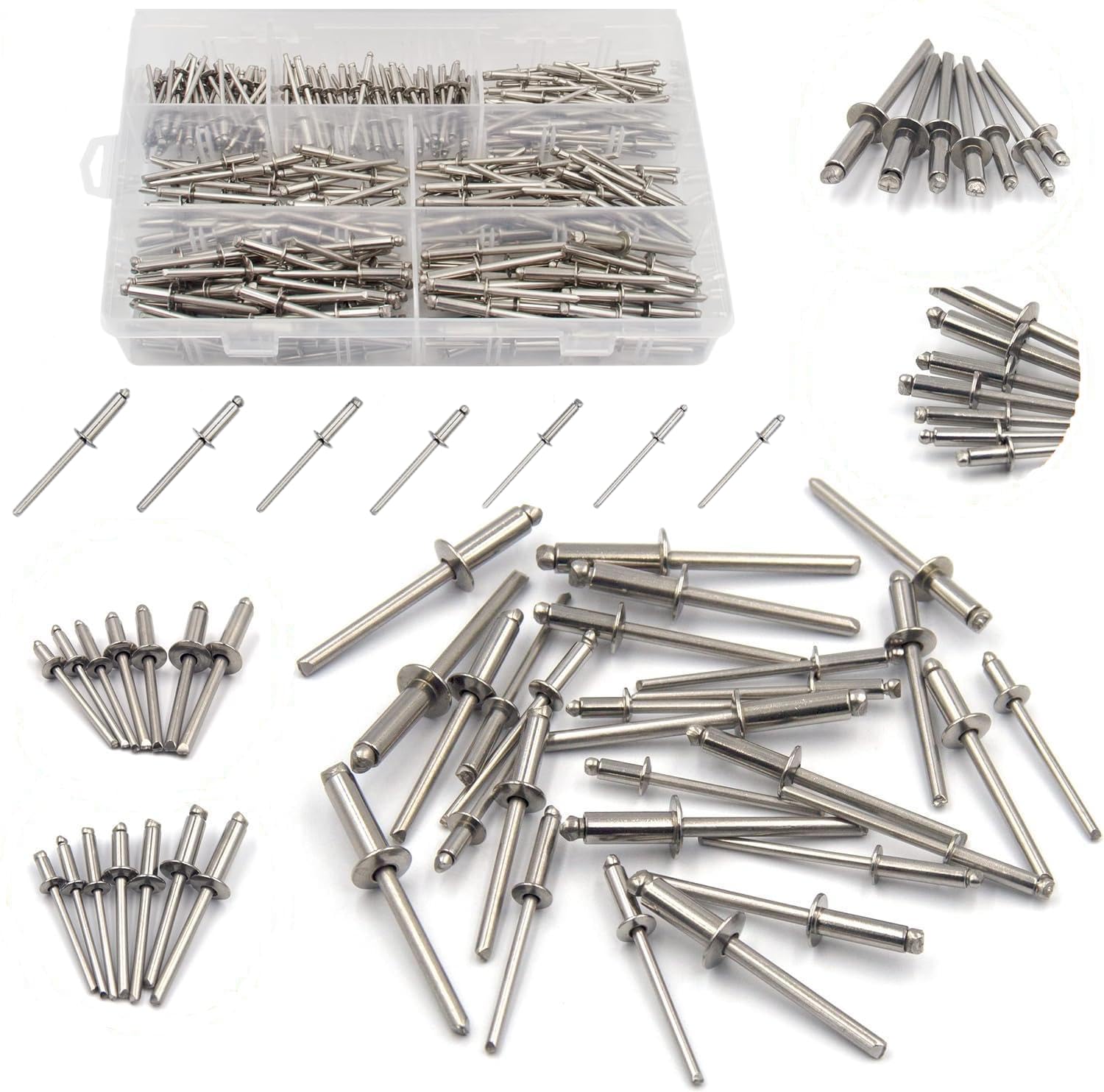 450pcs Stainless Steel Blind Pop Rivets, Stainless Steel Blind Rivets, 1/8" 5/32" 3/16",7Sizes Pop Rivets Assortment Kit(Silver)