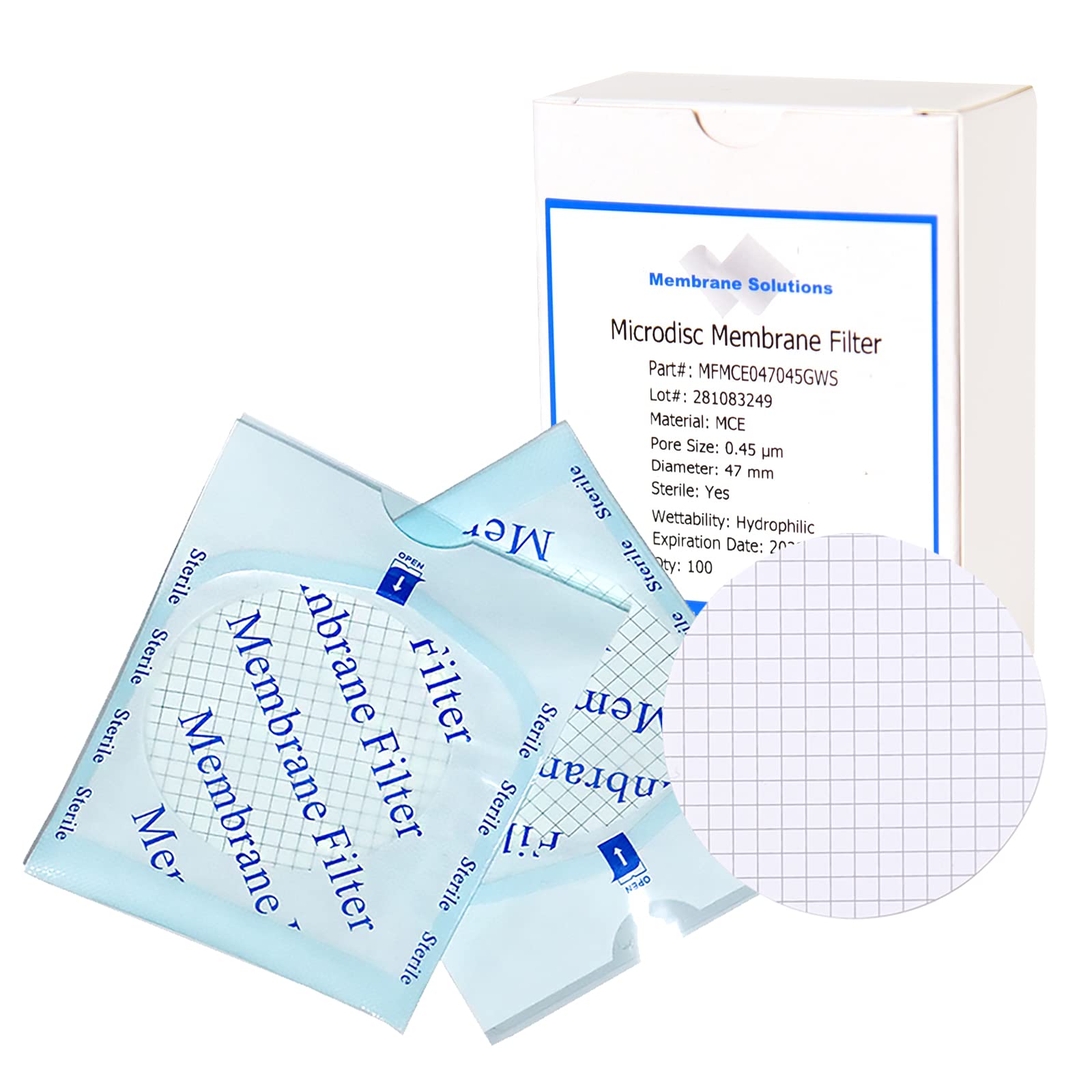 MCE Gridded Membrane Filter, Membrane Solutions Mixed Cellulose Esters Membrane Filter, Sterile Individual Pack Membrane Disc Filter, Diameter: 47 mm, Pore Size: 0.45 um, 100/Pk