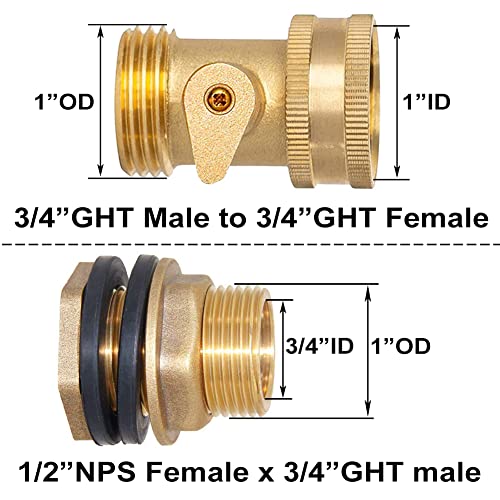 Joywayus 1/2"NPS Female x 3/4"GHT Male Brass Bulkhead Water Tank Connector & Garden Hose Shut Off Valve Kit with Rubber Washers and Teflon Tape