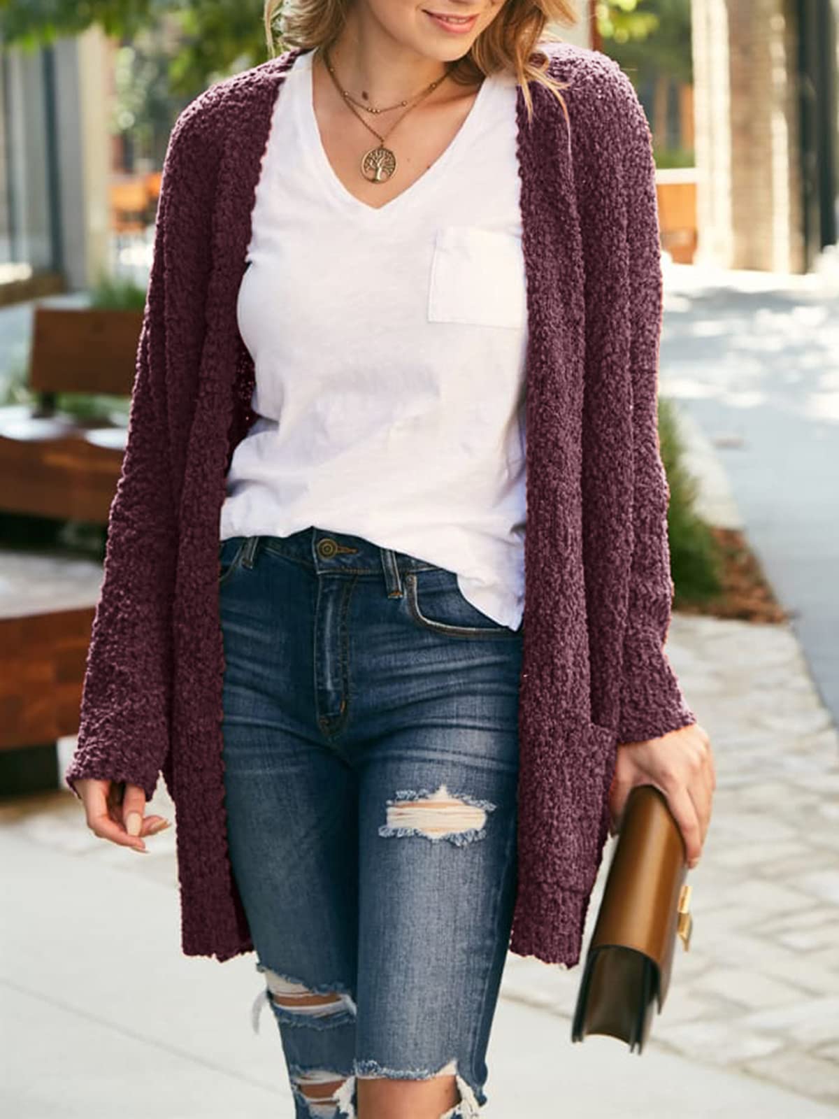 ZESICA Women's Fall Casual Long Sleeve Open Front Soft Chunky Knit Sweater Cardigan Outerwear,Maroon,Small