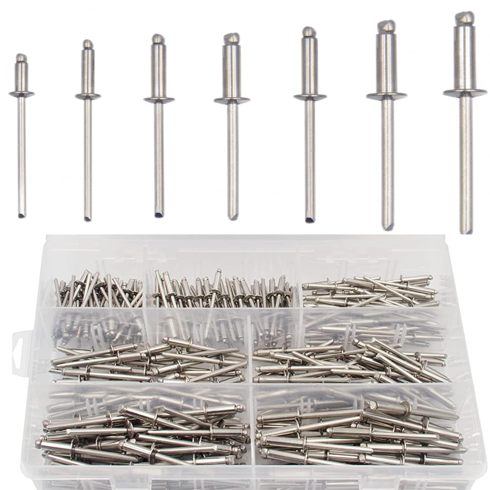 450pcs Stainless Steel Blind Pop Rivets, Stainless Steel Blind Rivets, 1/8" 5/32" 3/16",7Sizes Pop Rivets Assortment Kit(Silver)