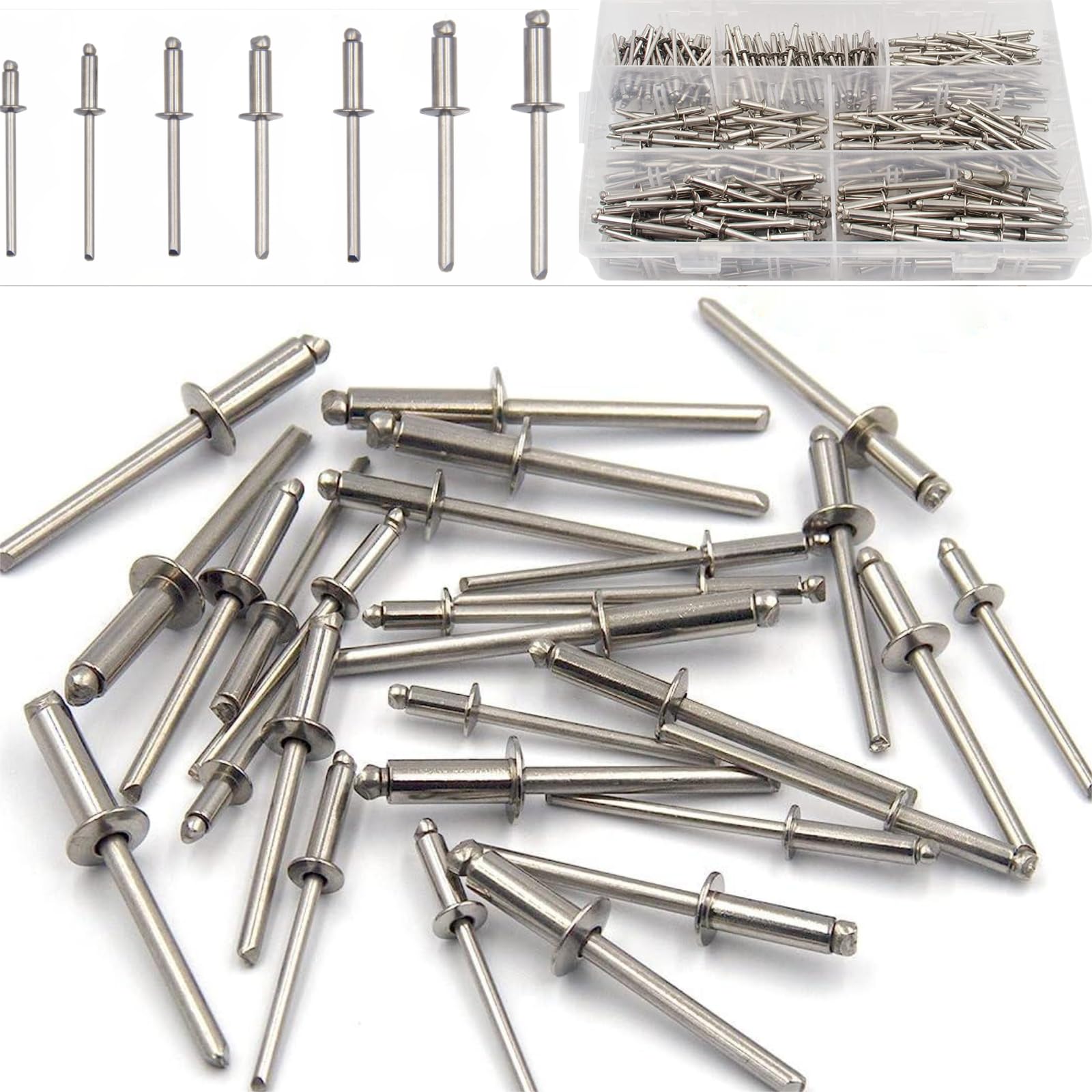 450pcs Stainless Steel Blind Pop Rivets, Stainless Steel Blind Rivets, 1/8" 5/32" 3/16",7Sizes Pop Rivets Assortment Kit(Silver)