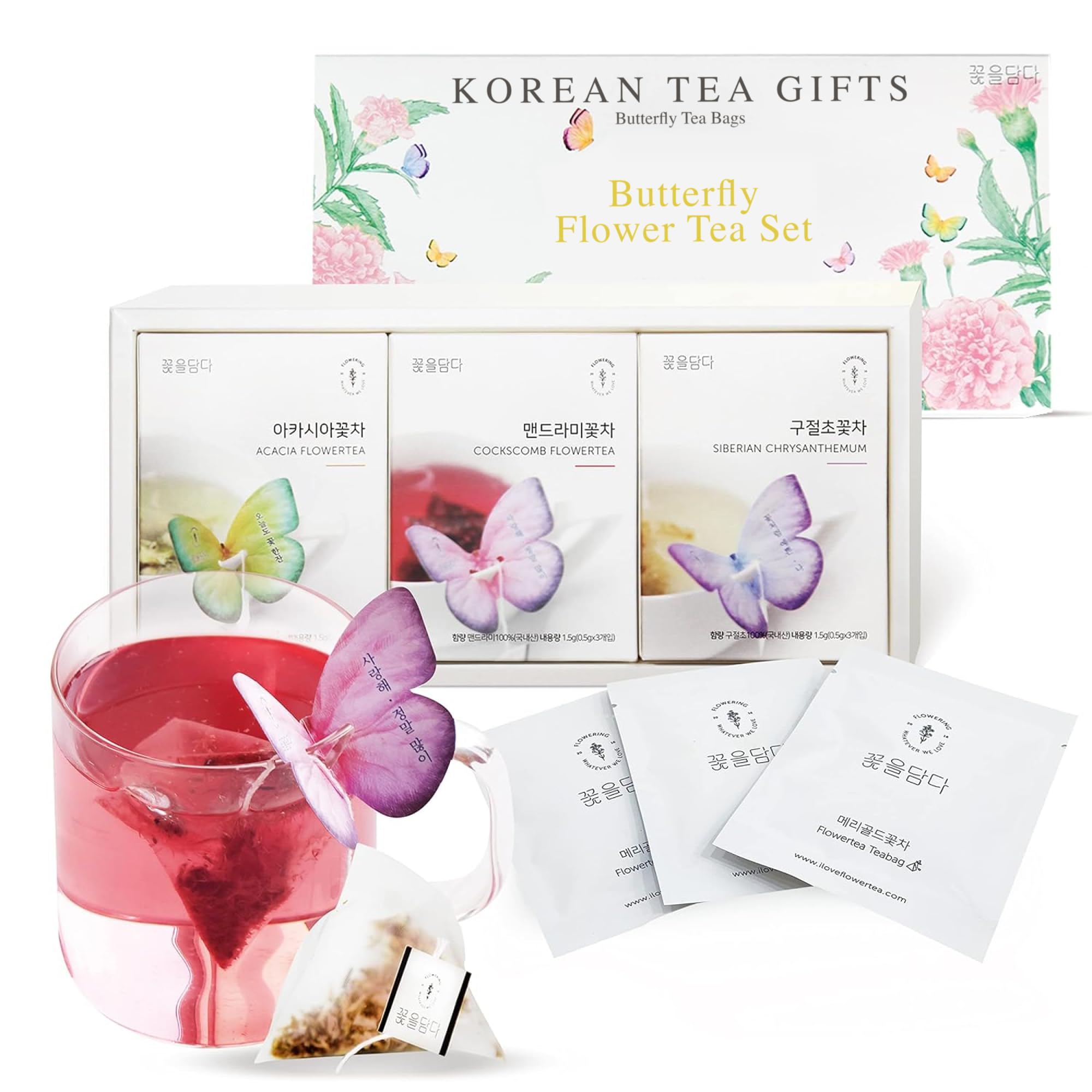 KKOKDAM Fancy Korean Tea Set Sampler – 3 Flavor Pink Variety Pack with Butterfly Tea Bags – Perfect and Elegant Korean Gift Box