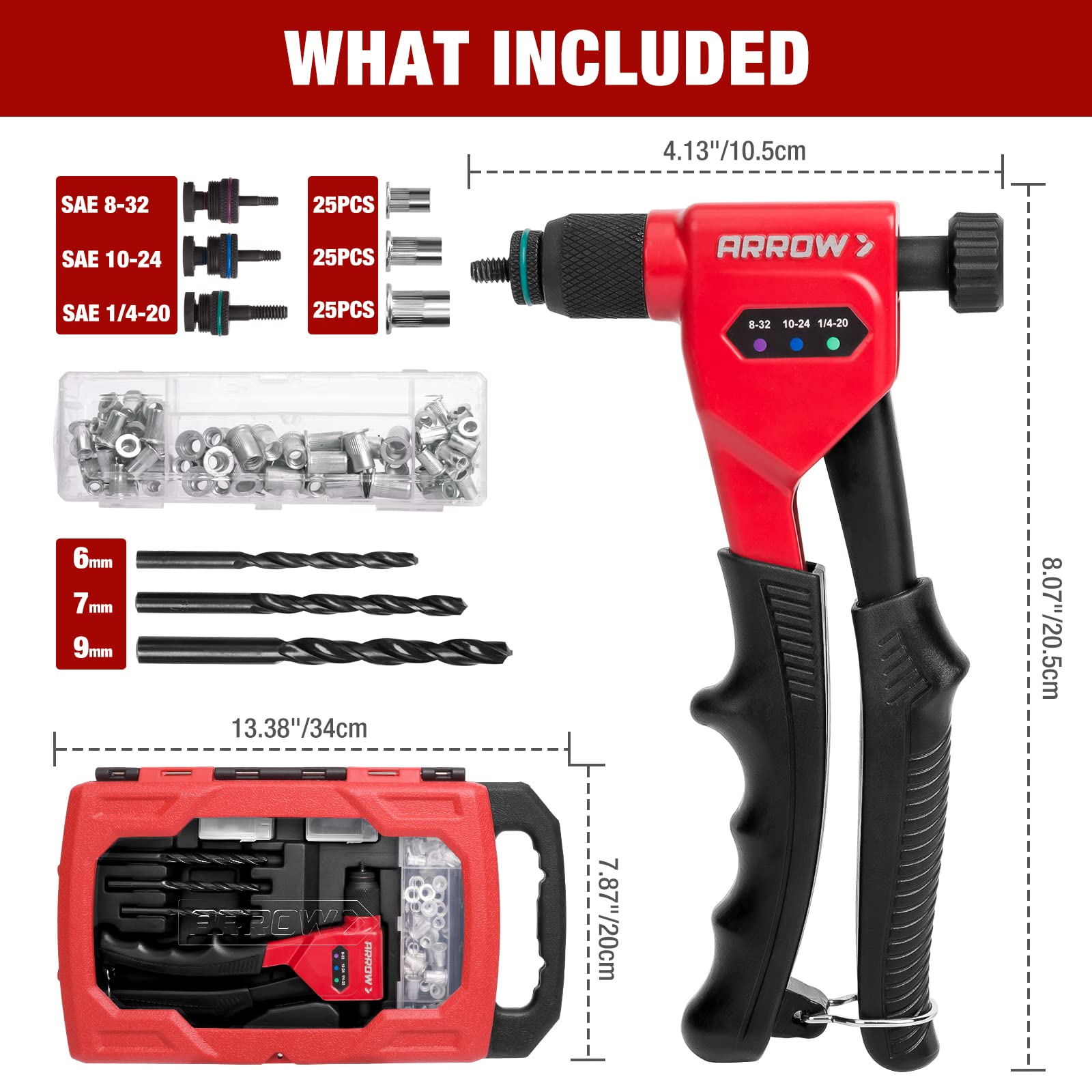 Arrow Rivet Nut Tool, 8" Rivet Nut Gun Kit Designed for Tight Space, Rivet Nut Setter with 3 Pcs Mandrels (8-32, 10-24, 1/4-20), 75 Pcs Rivnuts and 3 Pcs Drills, Sturdy Case Packed