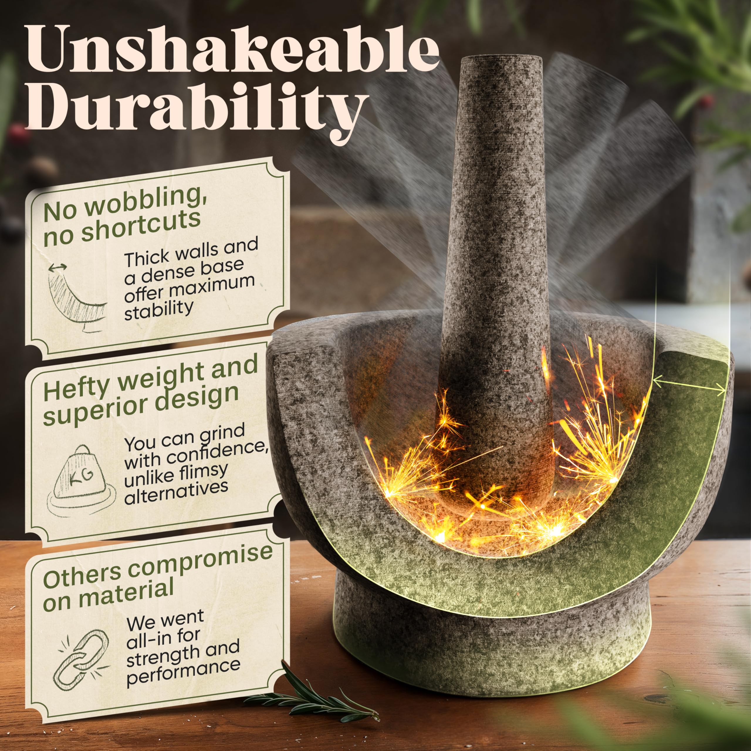 ChefSofi Mortar and Pestle Set - 6 Inch - 2 Cup Capacity - Unpolished Heavy Granite for Enhanced Performance and Organic Appearance - Included: Anti-Scratch Protector + Italian Recipes EBook