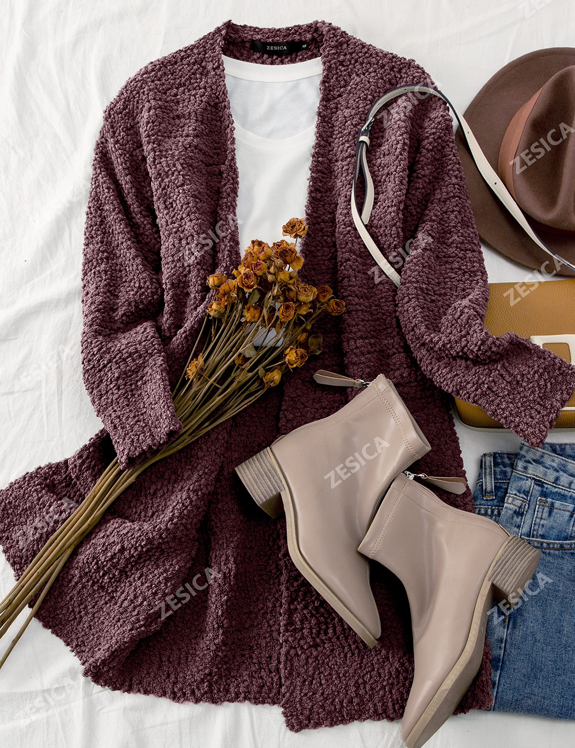 ZESICA Women's Fall Casual Long Sleeve Open Front Soft Chunky Knit Sweater Cardigan Outerwear,Maroon,Small