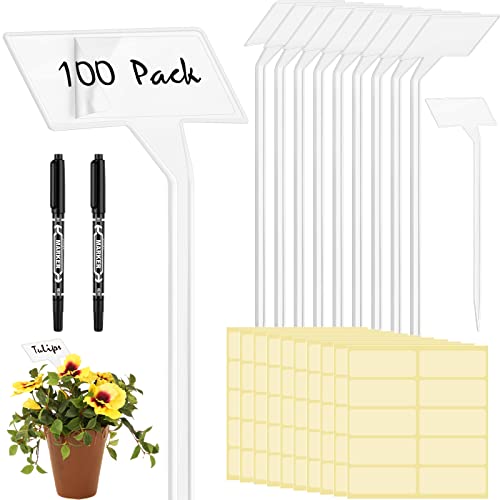 202 Pcs Large Plant Labels Kit, Include 100 Outdoor Plastic Plant T Type Tags Waterproof Reusable Plant Markers Stakes, 100 PET Films and 2 Marker Pens for Garden Herbs Flowers Pot (White, 11.8 Inch)