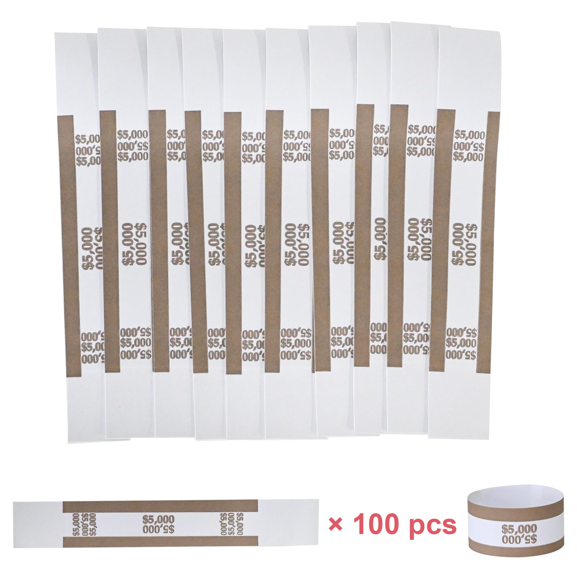 Currency Straps – Bill Wrappers, Money Bands to Organize Bills, ABA Standard Colors, Self-Adhesive, 7.5 x 1.15 Inches ($5000 / Brown)