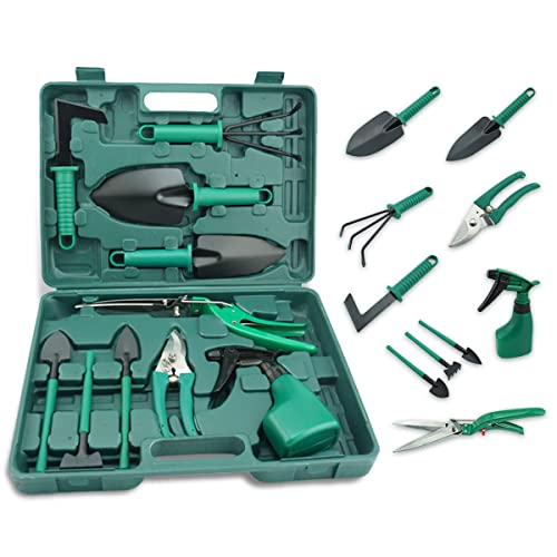 KENNEDICH Garden Tools Set，Stainless Steel Garden Planting Tools Kit with Green Carrying Case, Ideal Gardening Gift (10 PCS )